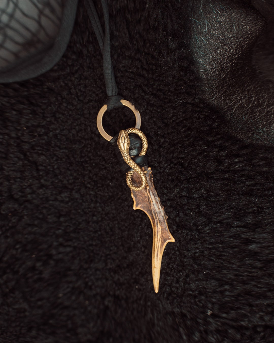 Serpent Spirit Amulet - Shed Antler Necklace - Antler and Brass Serpent ...