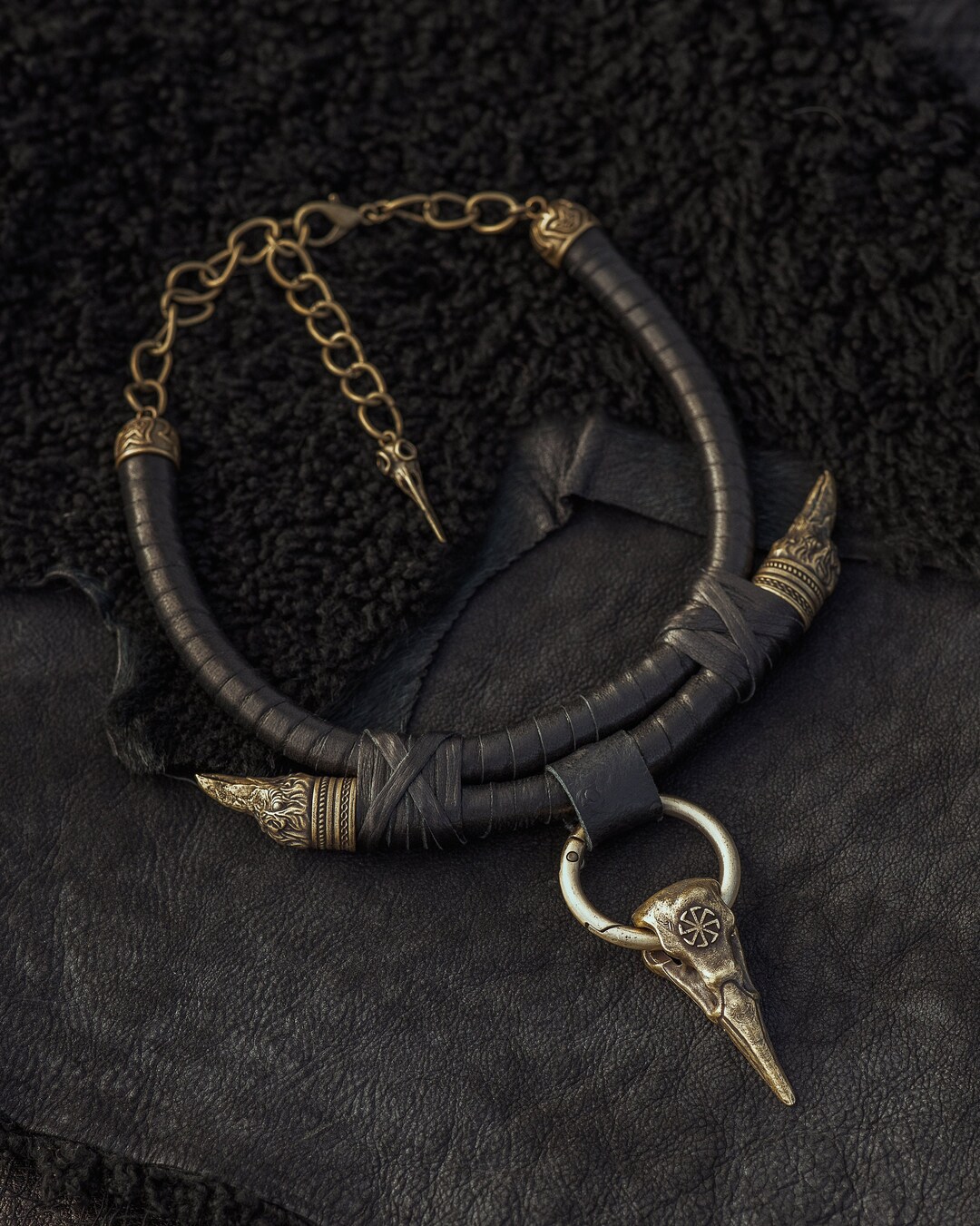 Veles Choker - Tribal Leather Choker - Raven Pendant Necklace - Solar ...