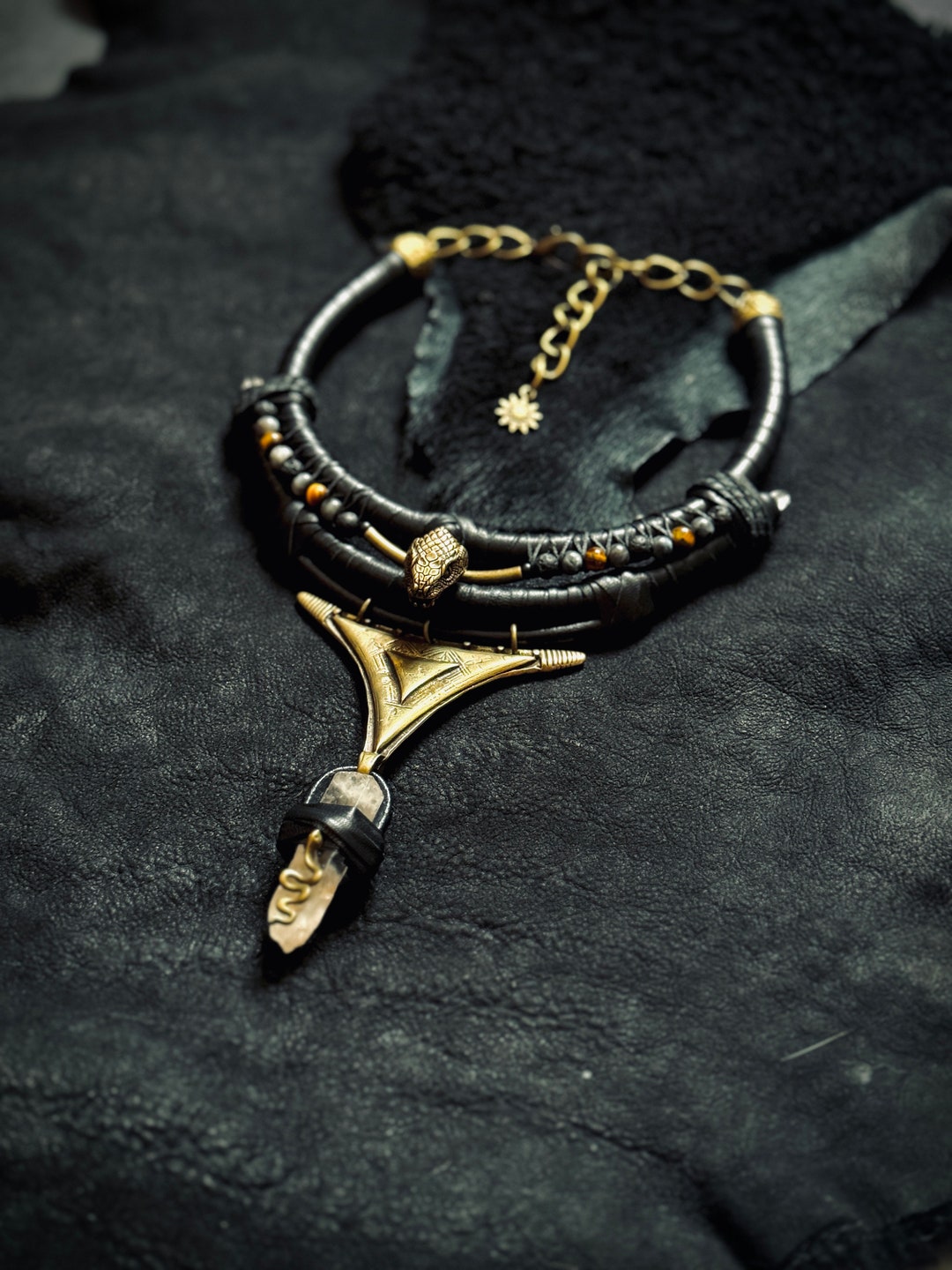 Triad Alchemy Tribal Necklace With Tuareg Triangle Symbol, Raw Quartz ...