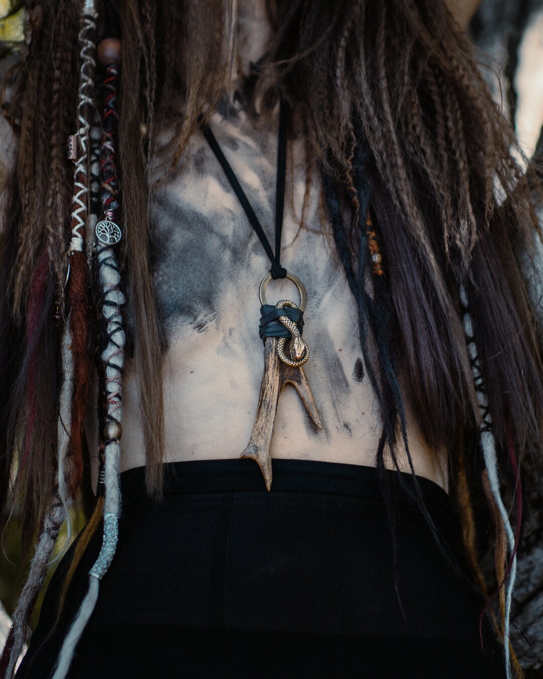 Shamanic Real Antler Necklace With Brass Serpent - Unisex Deer Horn ...