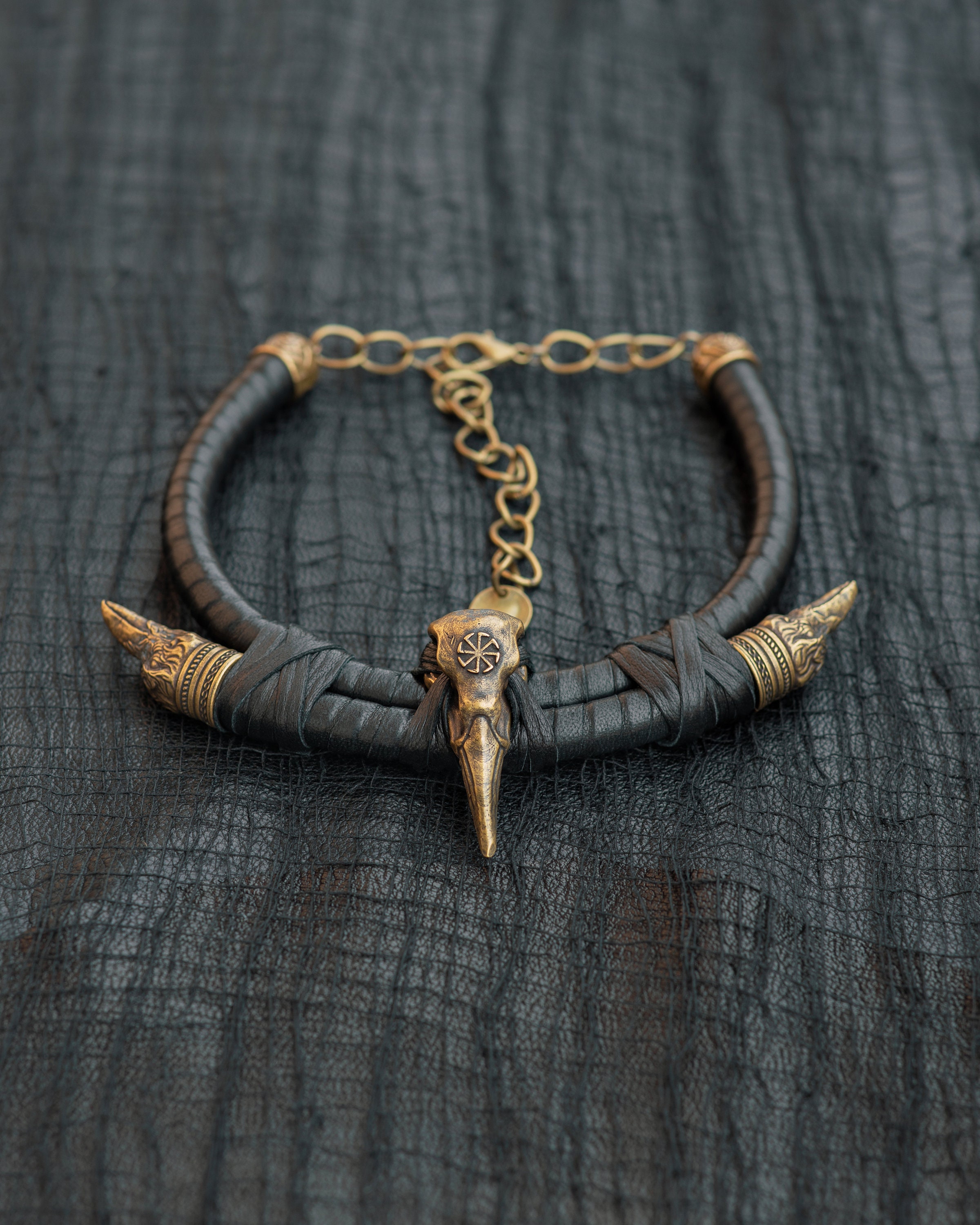 Leather Raven Choker: Brass Slavic Amulet, Tribal Pagan Necklace - Etsy