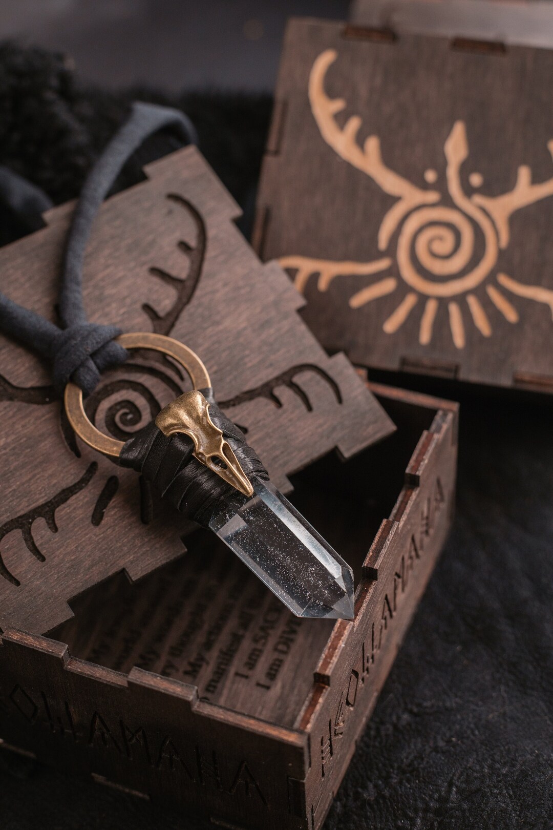 Raven Skull Quartz Necklace: Leather Wrapped Crystal Amulet - Etsy
