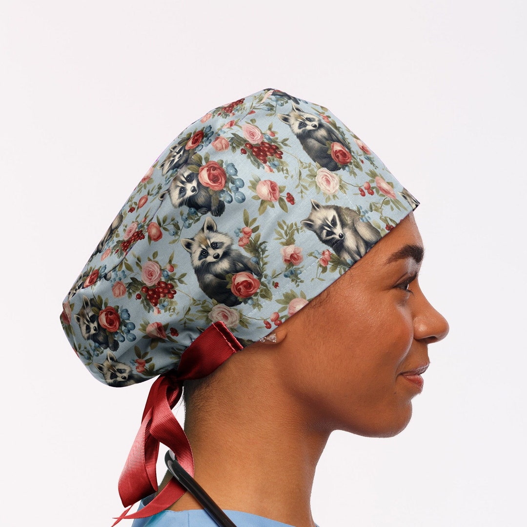 Raccoon Scrub Caps for Women, Surgical Cap With Buttons for Nurse ...