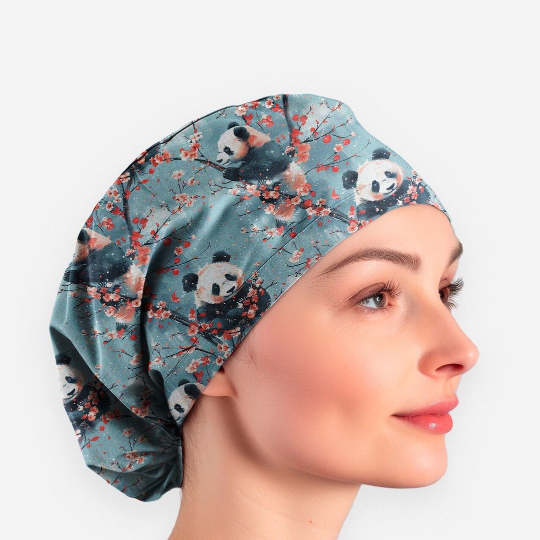 Pandas and Cherry Blossom Scrub Caps for Women, Surgical Cap With ...