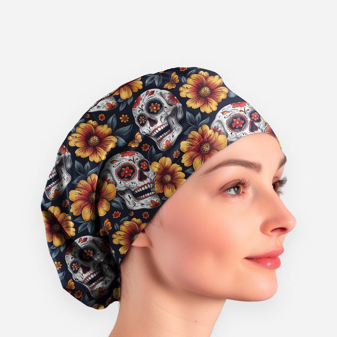 Sugar Skull Scrub Caps for Women, Toggle Scrub Hat, Halloween Surgical ...