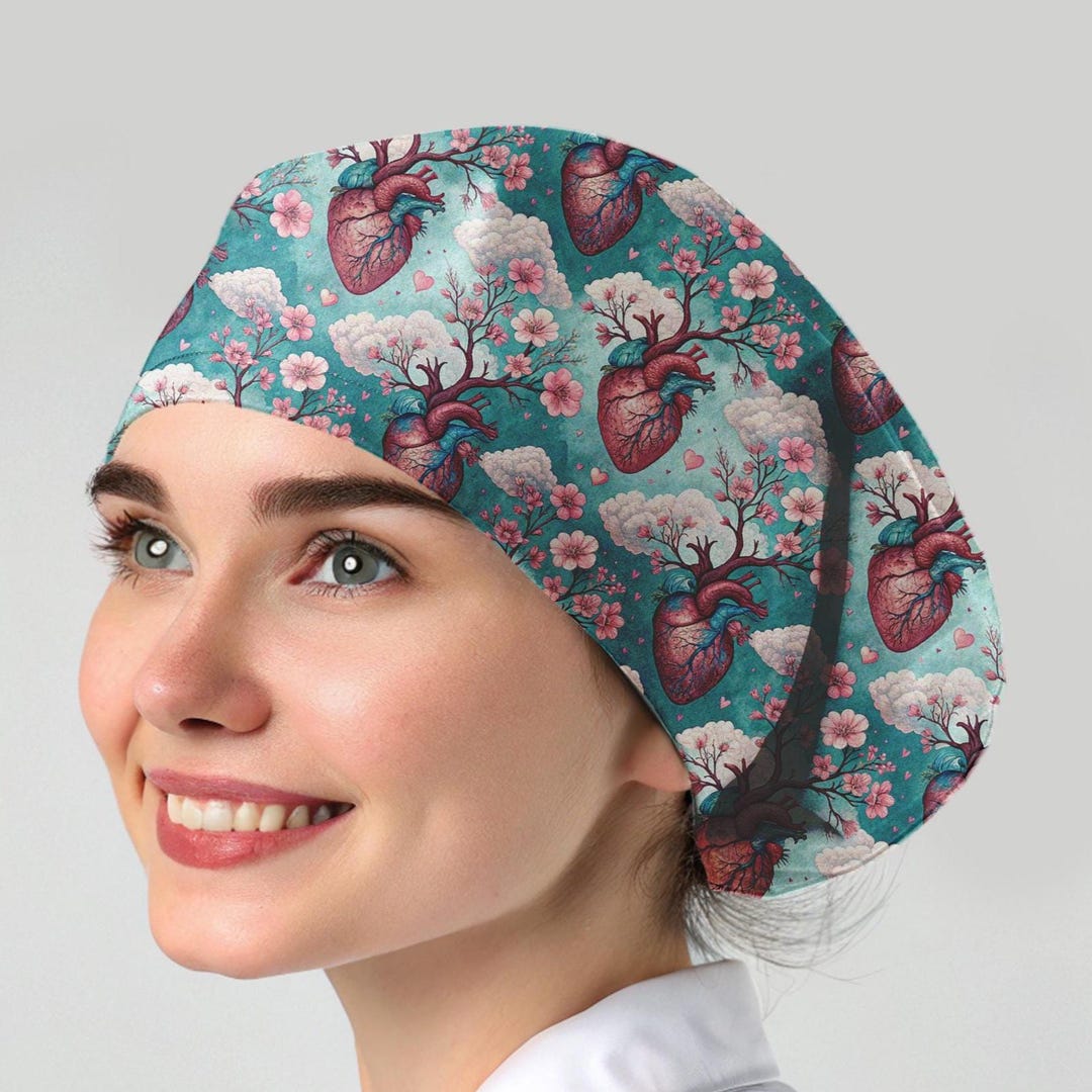 Cardio Scrub Caps for Women, Nurse Scrub Hat Toggle, Heart and Blossom ...