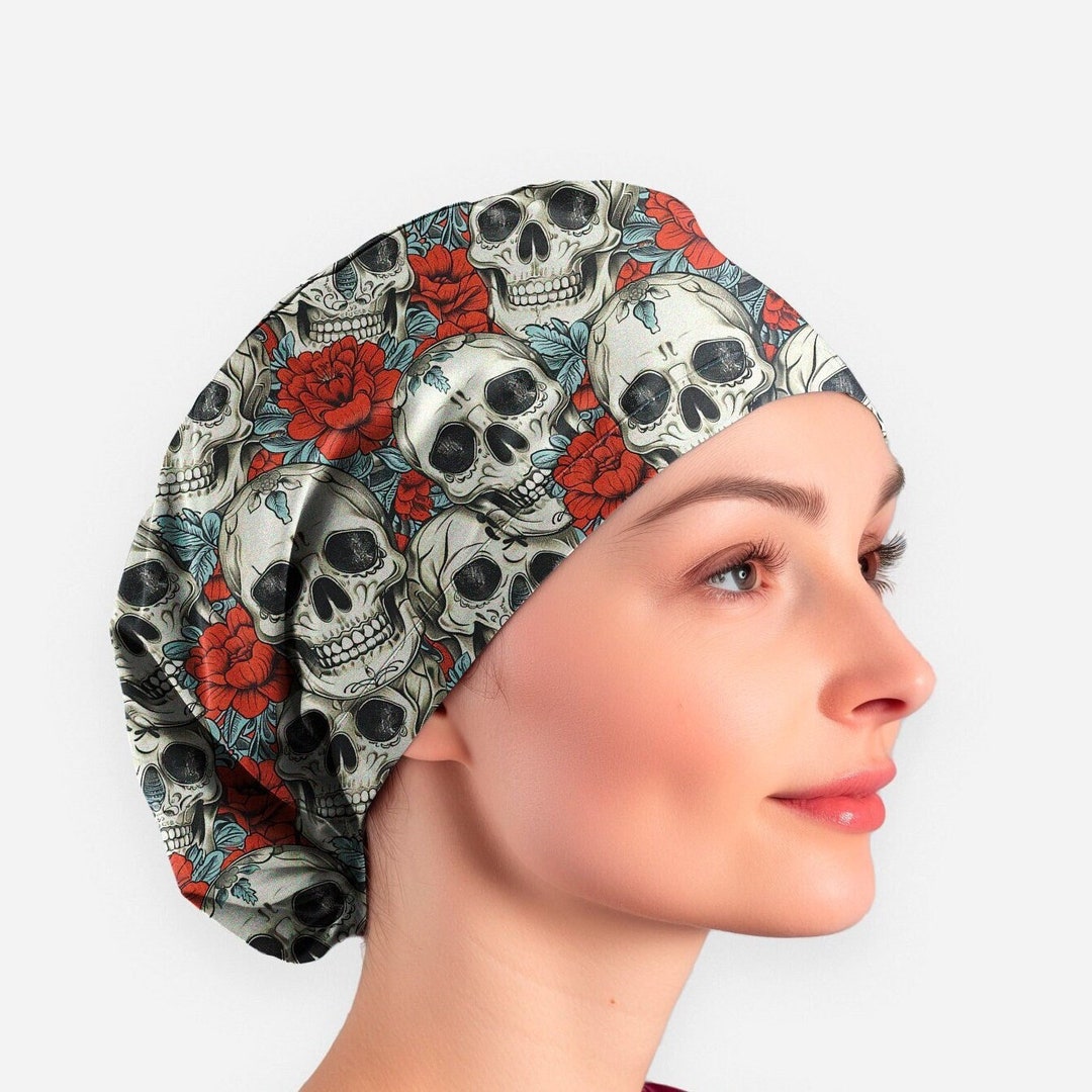 Skull and Orchid Flowers Surgical Cap, Toggle Scrub Caps for Women ...