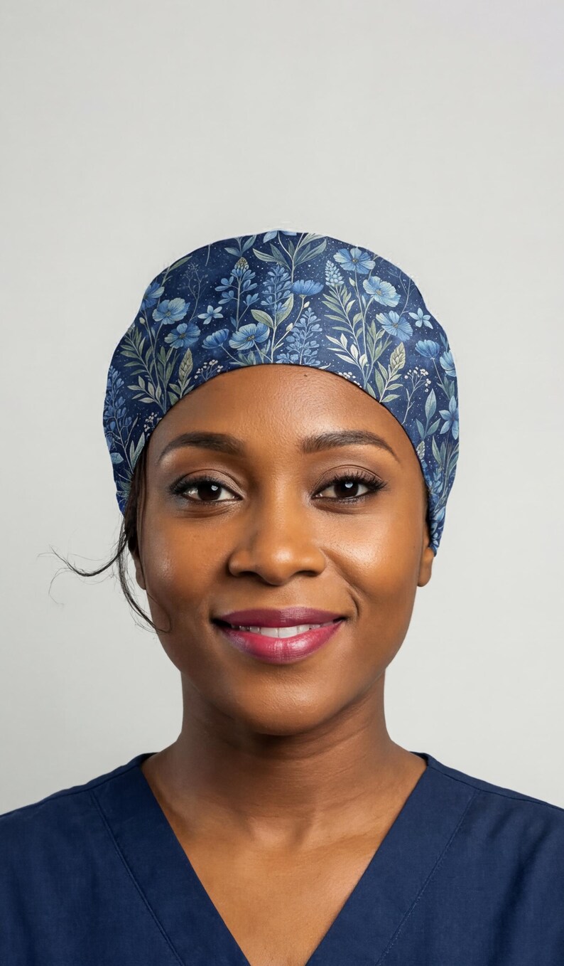 Blue Floral Scrub Cap Women, Wildflower Surgical Hat Nurse, Dark ...