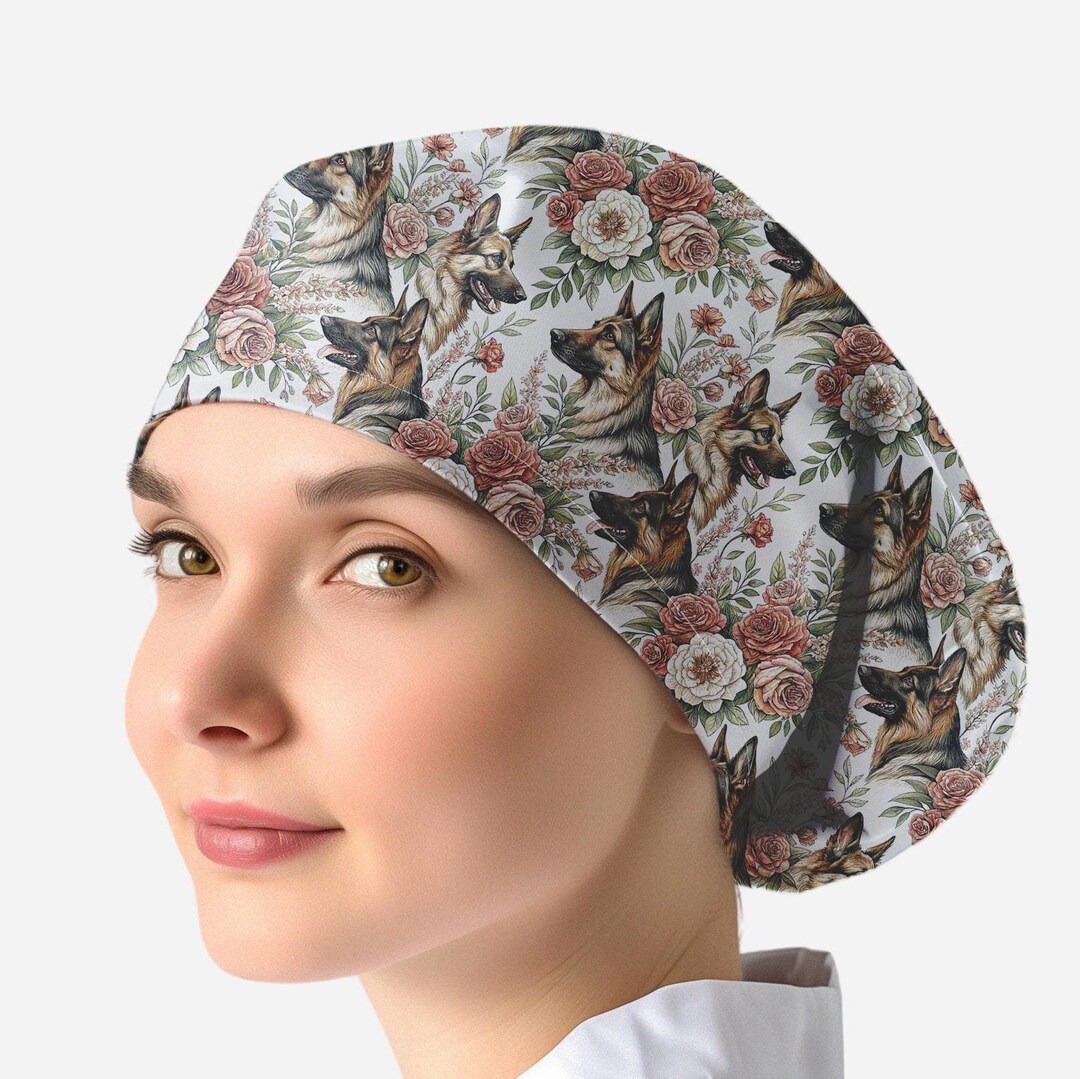 German Shepherd Floral Scrub Cap With Buttons: Nurse Surgical Hat ...