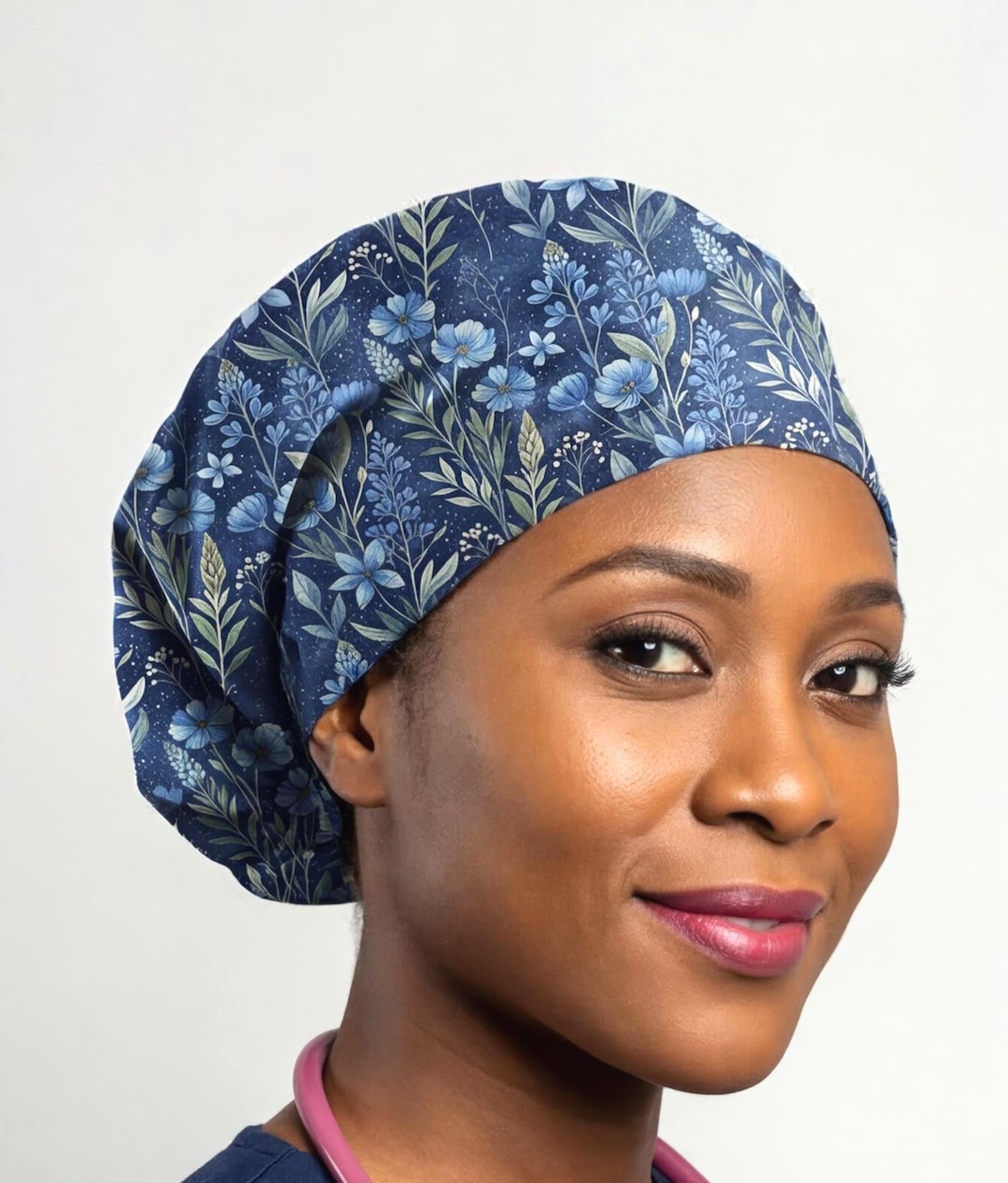 Blue Floral Scrub Cap Women, Wildflower Surgical Hat Nurse, Dark ...
