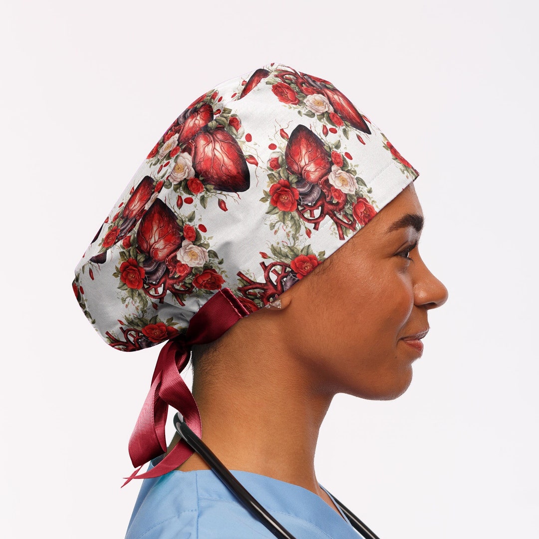 Cardio Scrub Caps for Women, Nurse Scrub Hat Ponytail, Heart Surgical ...