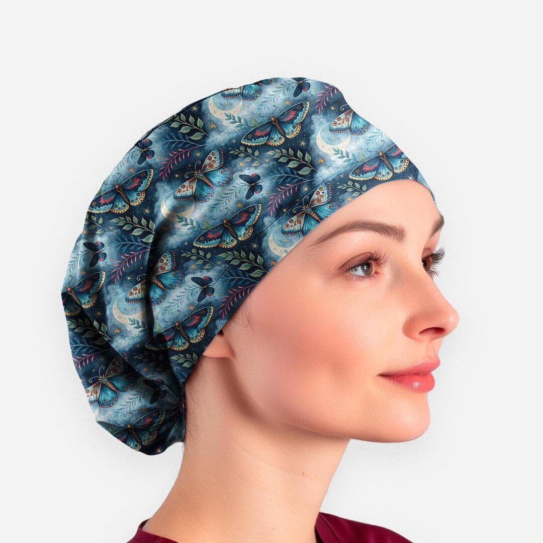 Moth Print Surgical Scrub Cap, Nurse Hat With Buttons, Medical Bouffant ...