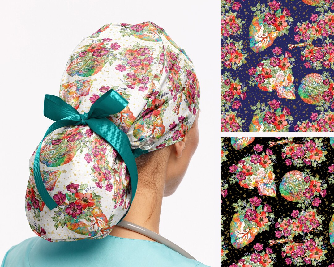 Anatomy Scrub Caps for Women, Nurse Scrub Hat Ponytail, Heart Surgical ...