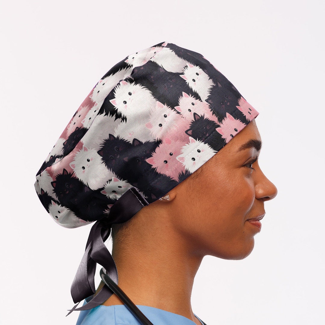 Cat Scrub Caps for Women, Surgical Cap With Buttons for Nurse, Cat ...