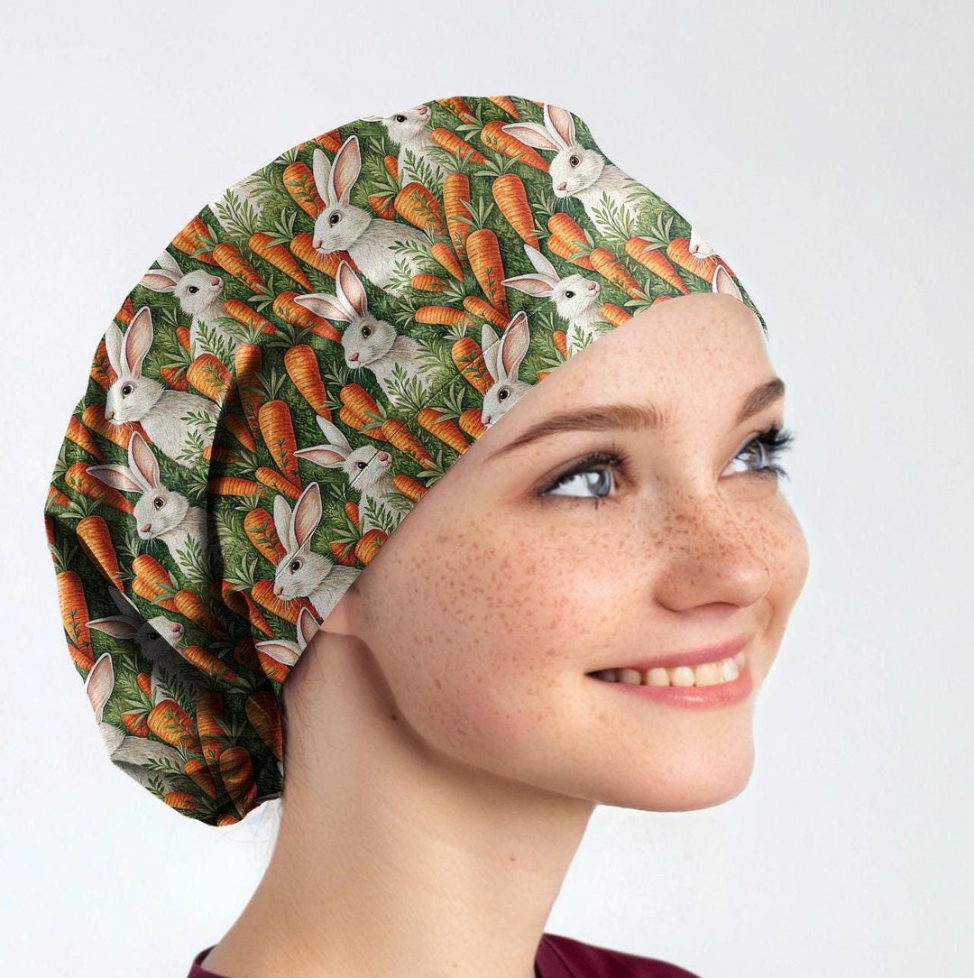 Rabbits and Carrots Scrub Caps for Women, Surgical Cap With Buttons for ...