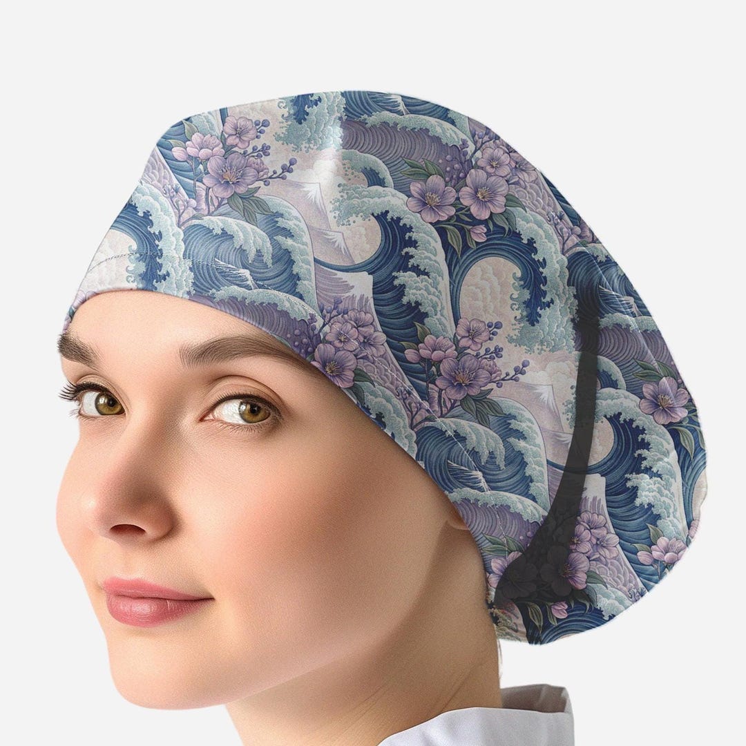 Great Wave Scrub Caps for Women Japanese Wave and Blossom Scrub Cap ...