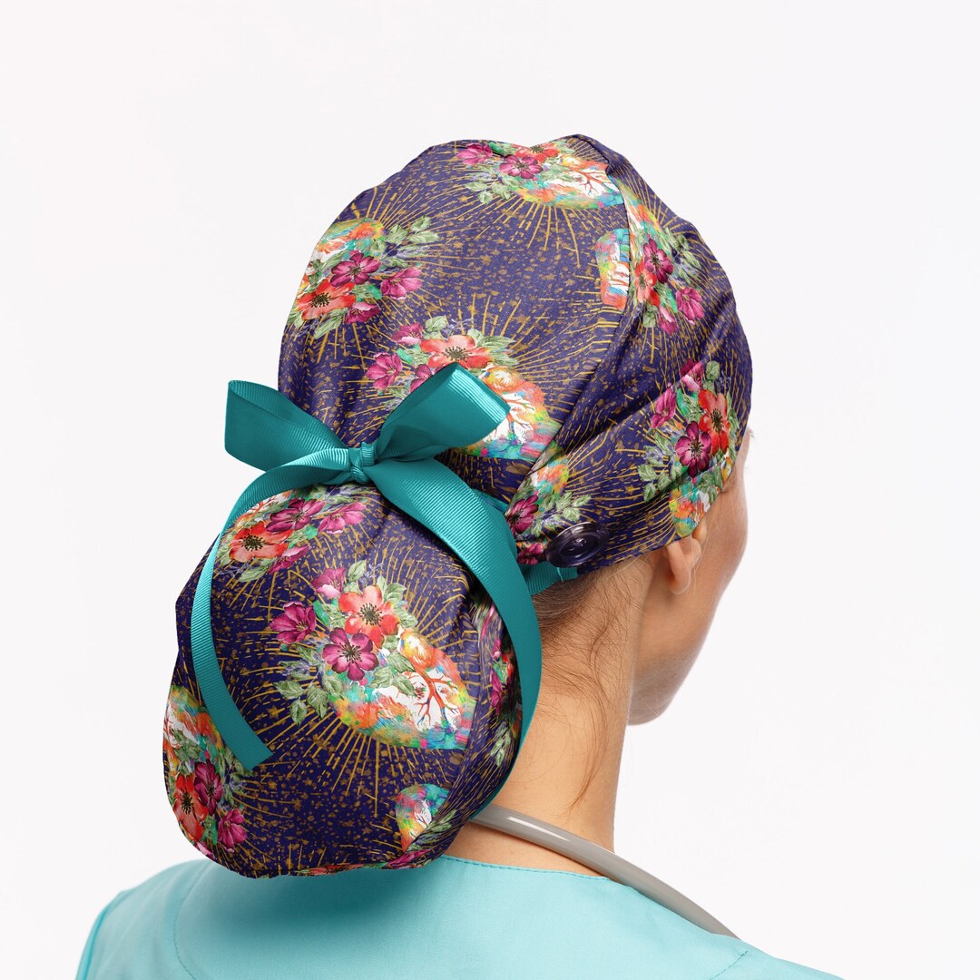 Cardio Scrub Caps for Women, Nurse Scrub Hat Ponytail, Heart Surgical ...