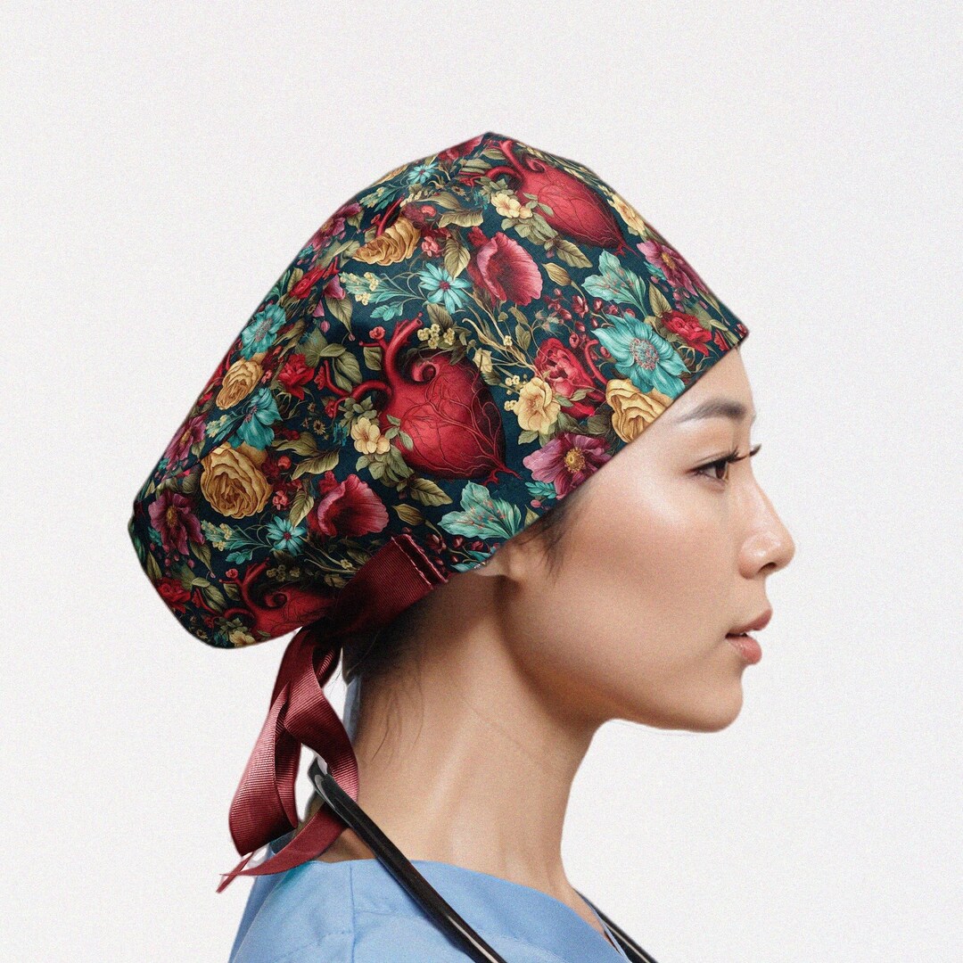 Cardio Scrub Caps for Women, Nurse Scrub Hat Ponytail, Floral Heart ...