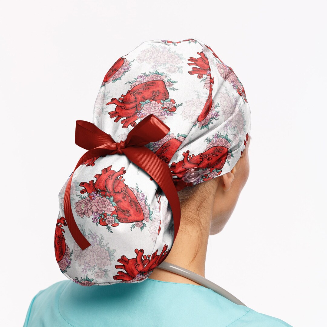 Cardio Scrub Caps for Women, Nurse Scrub Hat Ponytail, Heart Surgical ...