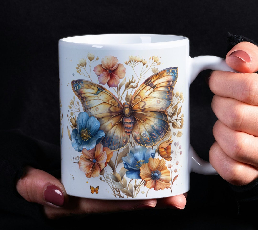 Gold & Blue Butterfly Mug Sublimation Design, 11oz and 15oz Golden ...