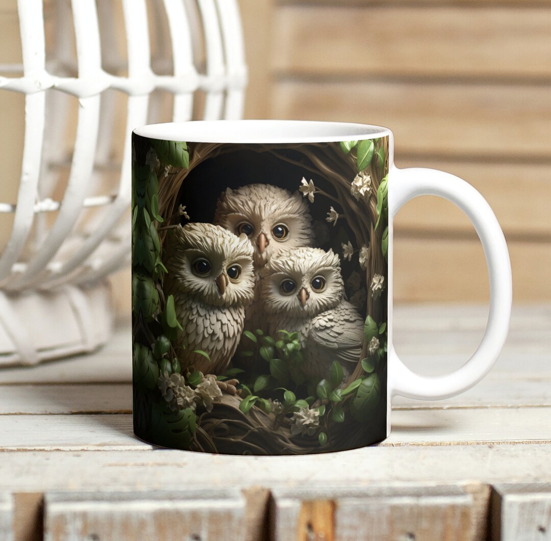 3D Baby Owls in a Hole Mug Wrap, Cute White Owls Mug Sublimation Design ...