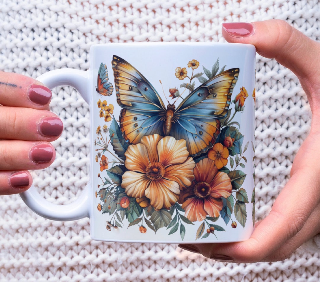 Butterflies and Flowers Mug Wrap, 11oz & 15oz Floral Butterfly Mug ...