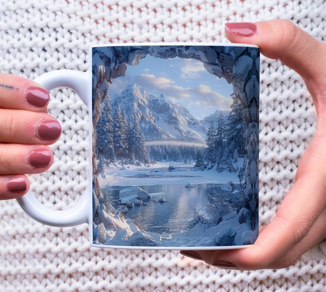 3D Winter Landscape Hole in a Wall Mug Wrap, Snowy Mountains Landscape ...