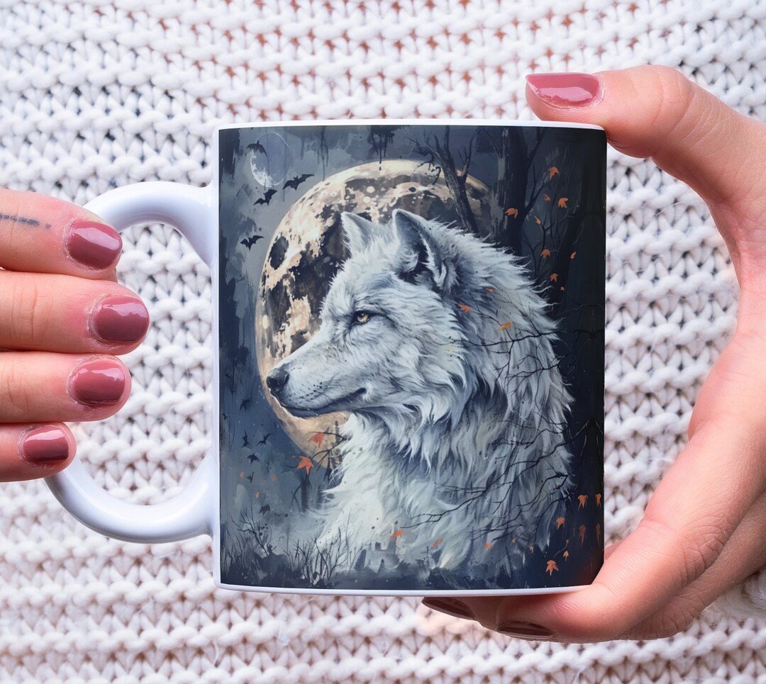 Full Moon and Wolf Mug PNG, White Wolf Mug Wrap, Halloween Werewolf and ...