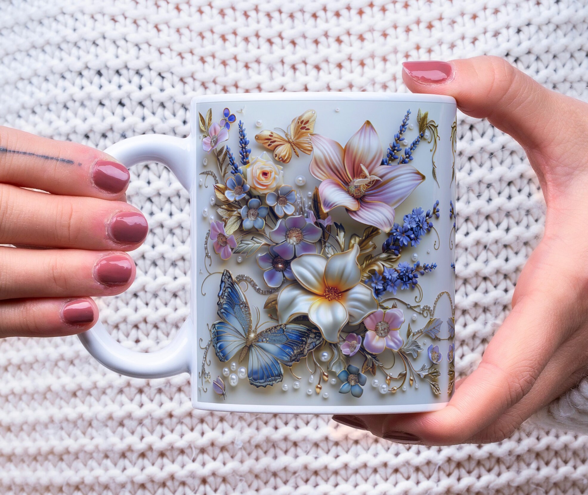 3D Floral Butterflies Mug Wrap, 3D Diamond Flowers 11oz & 15oz Mug ...