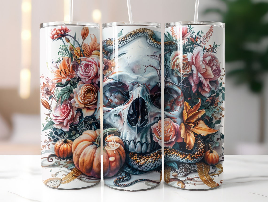 Scull and Snakes Tumbler Wrap, Halloween Scull 20oz Skinny Tumbler ...