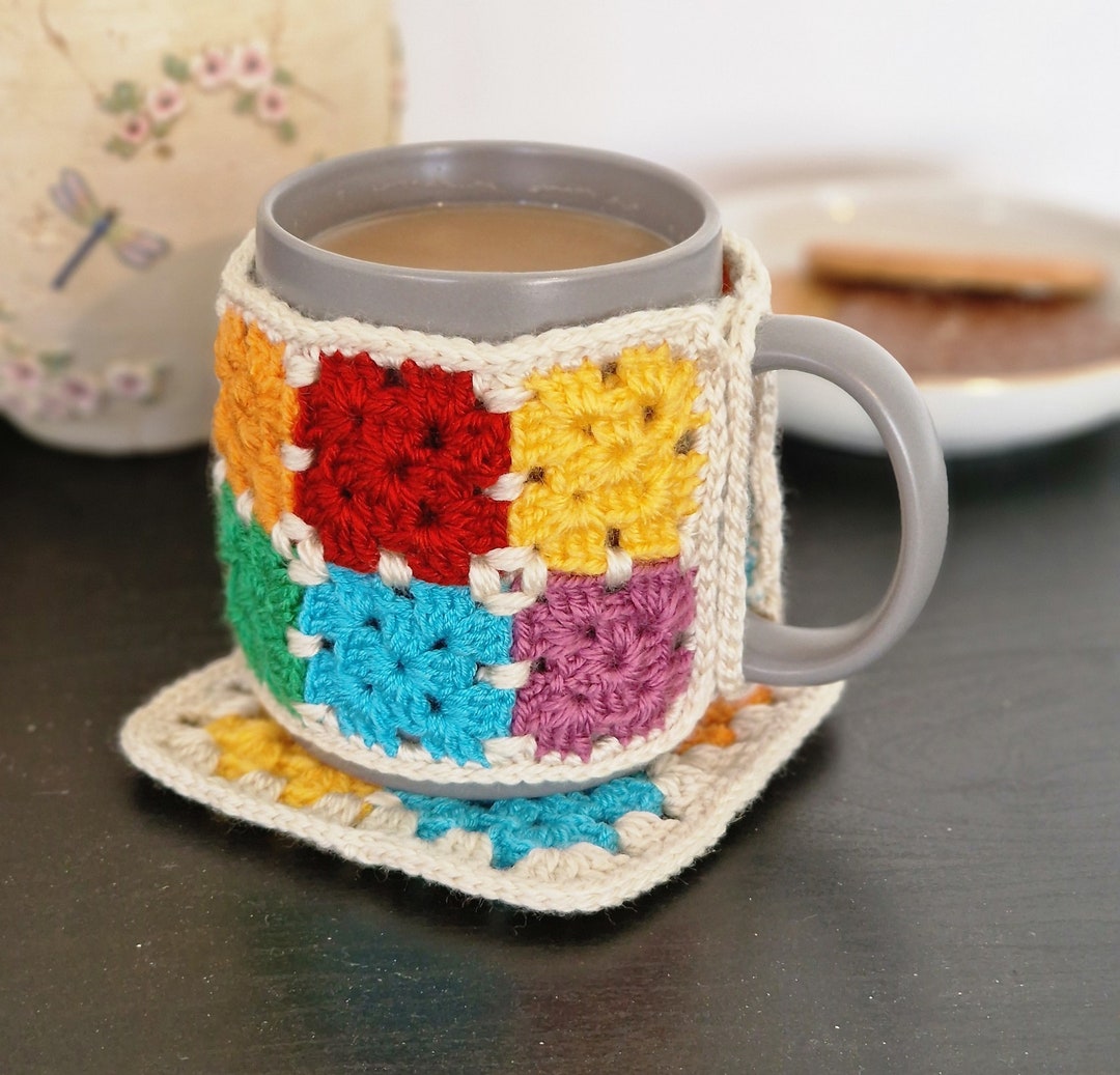Crocheted Rainbow Mug Cozy and Coaster Set, Granny Squares Crochet Mug ...