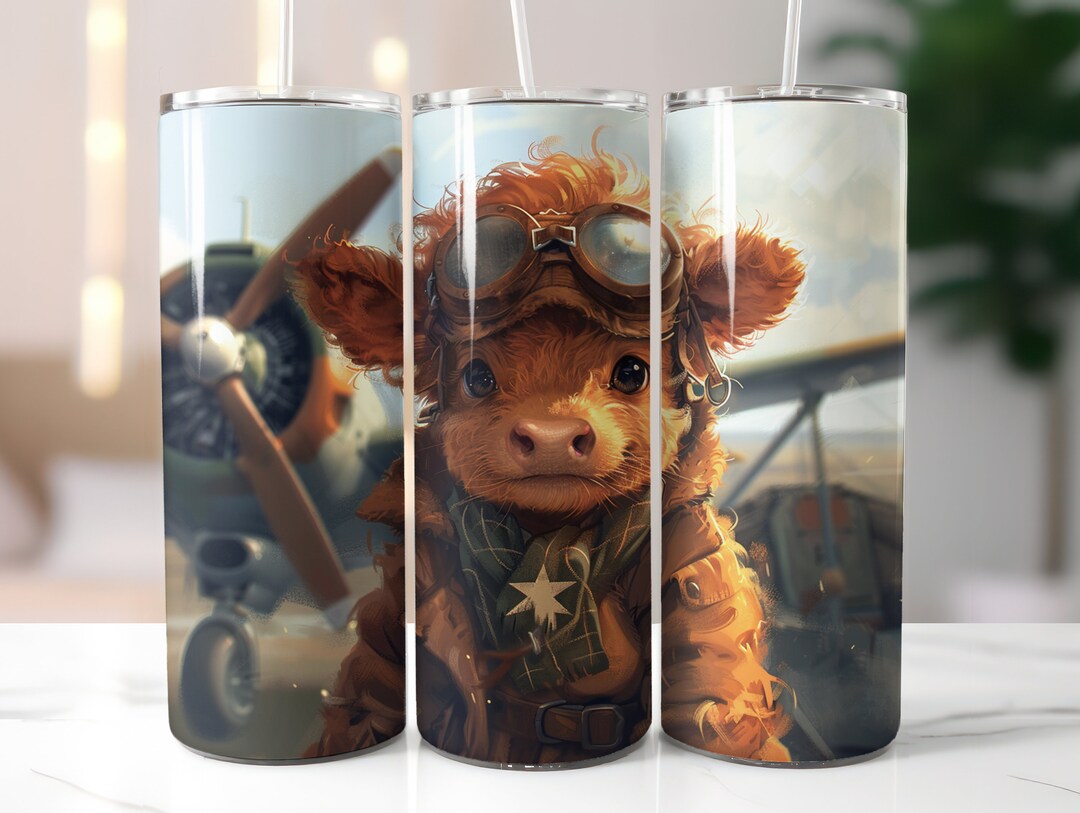 Pilot Highland Cow Tumbler Wrap, WW2 Baby Highland Cow 20oz Skinny ...