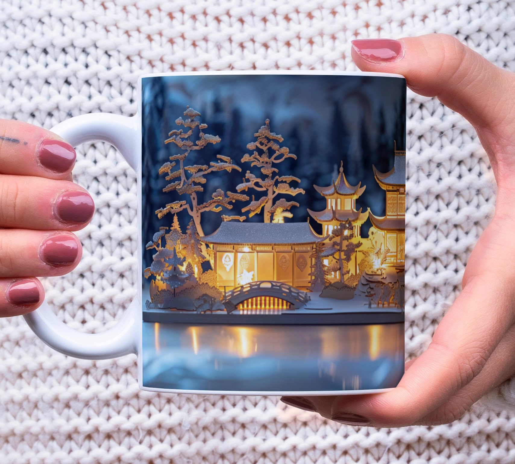 Glowing Landscape Mug Sublimation Design, Japanese House Mug Wrap, 11oz ...