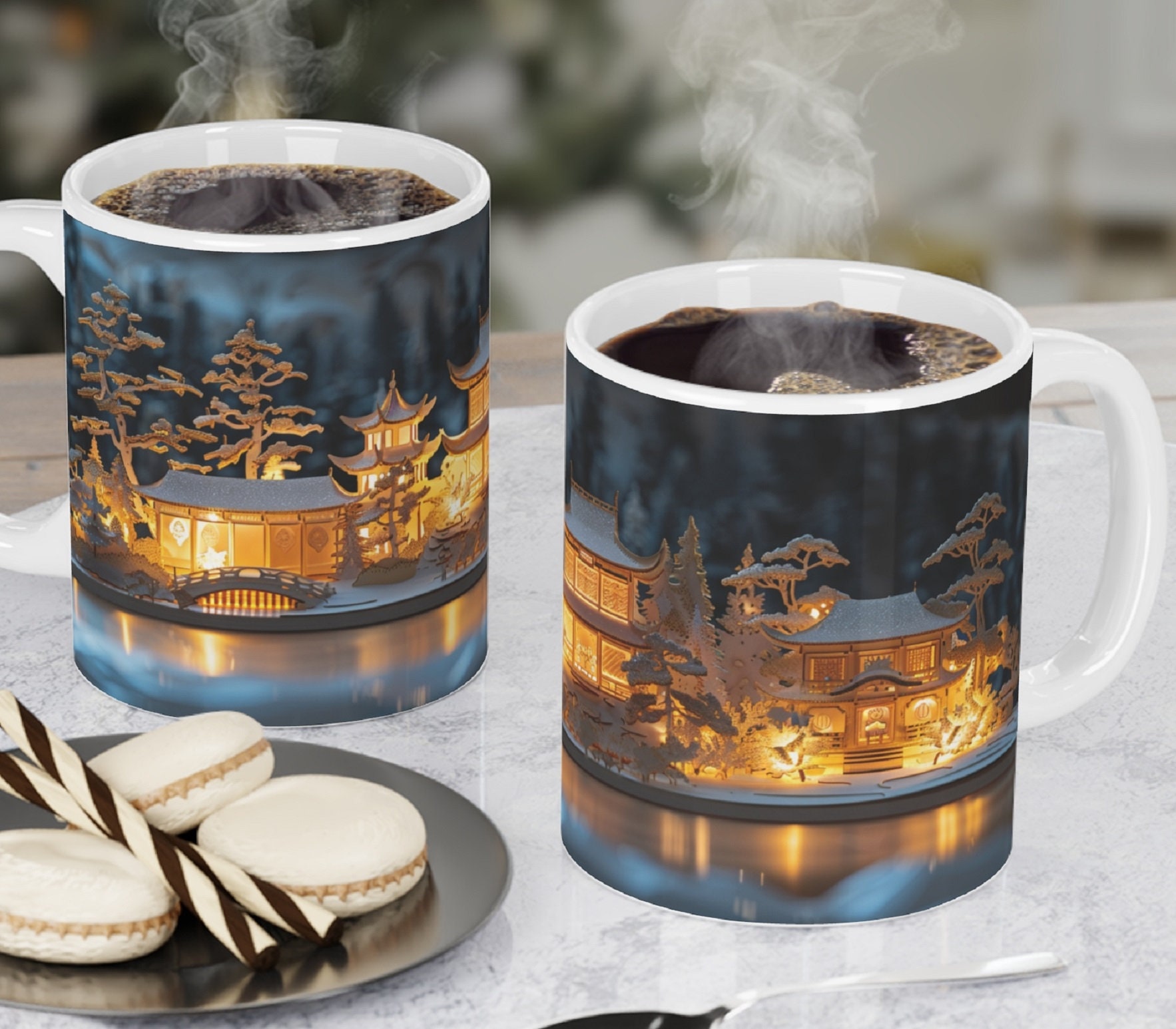 Glowing Landscape Mug Sublimation Design, Japanese House Mug Wrap, 11oz ...