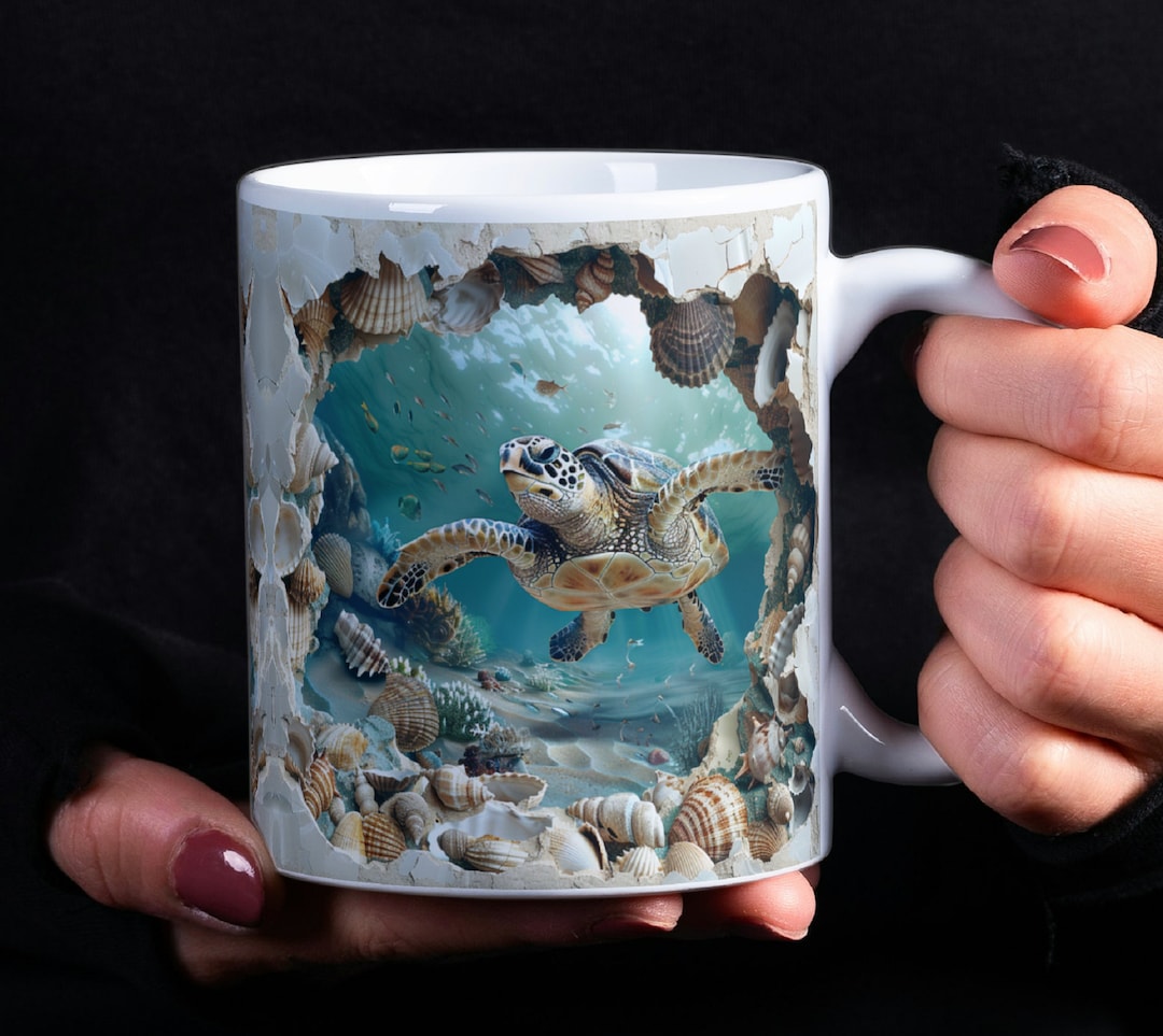 3D Sea Turtle Hole in a Wall Mug Wrap, 3D Sea Turtle and Seashells 11oz ...