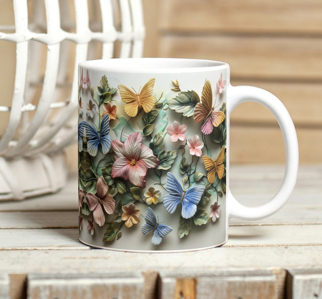 3D Butterflies Mug Wrap, Blue and Yellow Butterflies and Flowers Mug ...
