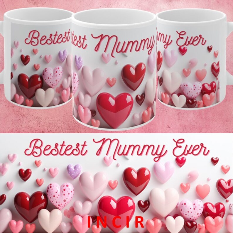 3D Hearts Valentines Day and Mothers Day Mug Wrap, Cute Pink Hearts Mug ...