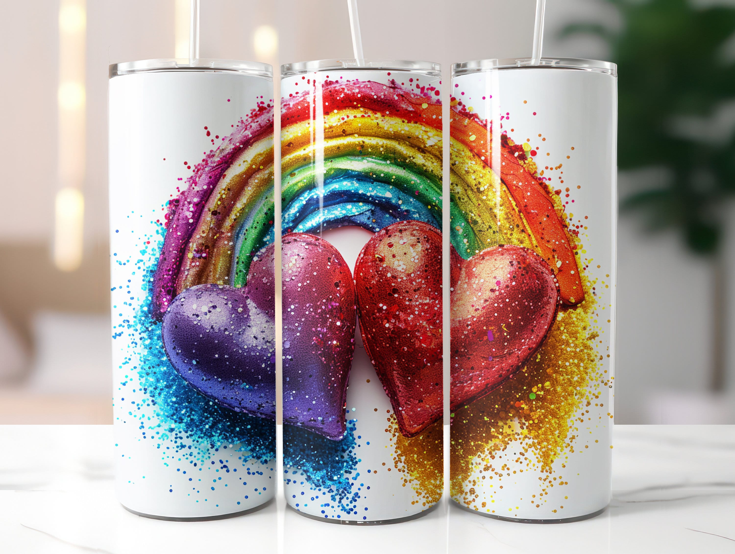 Sparkly Rainbow Tumbler Wrap, Glittery Rainbow & Hearts 20oz Skinny ...