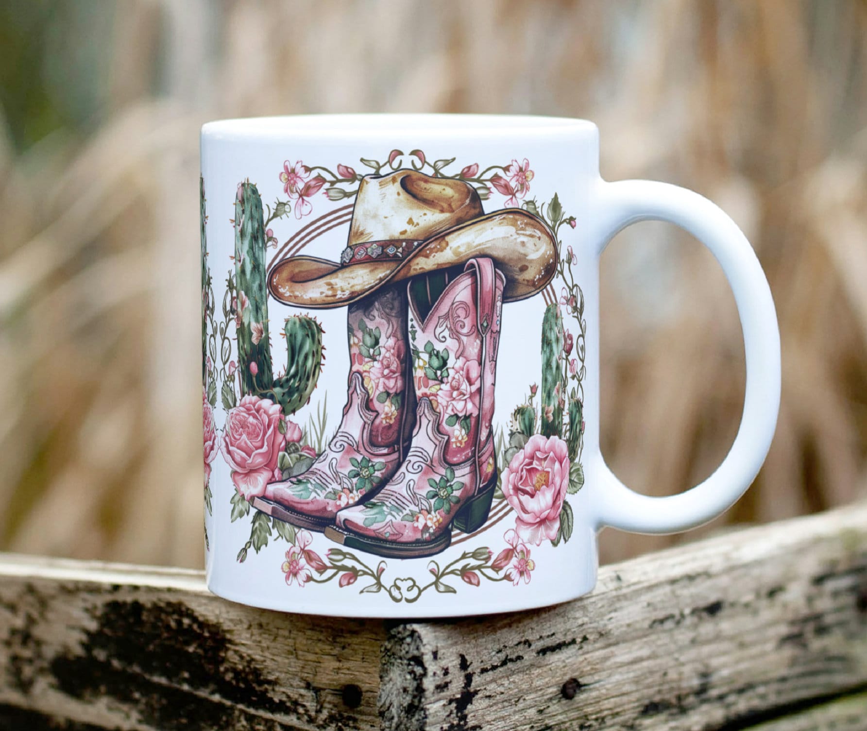 Cowgirl Boots Mug Wrap, Pink Floral Western Country Boots & Hat 11oz ...