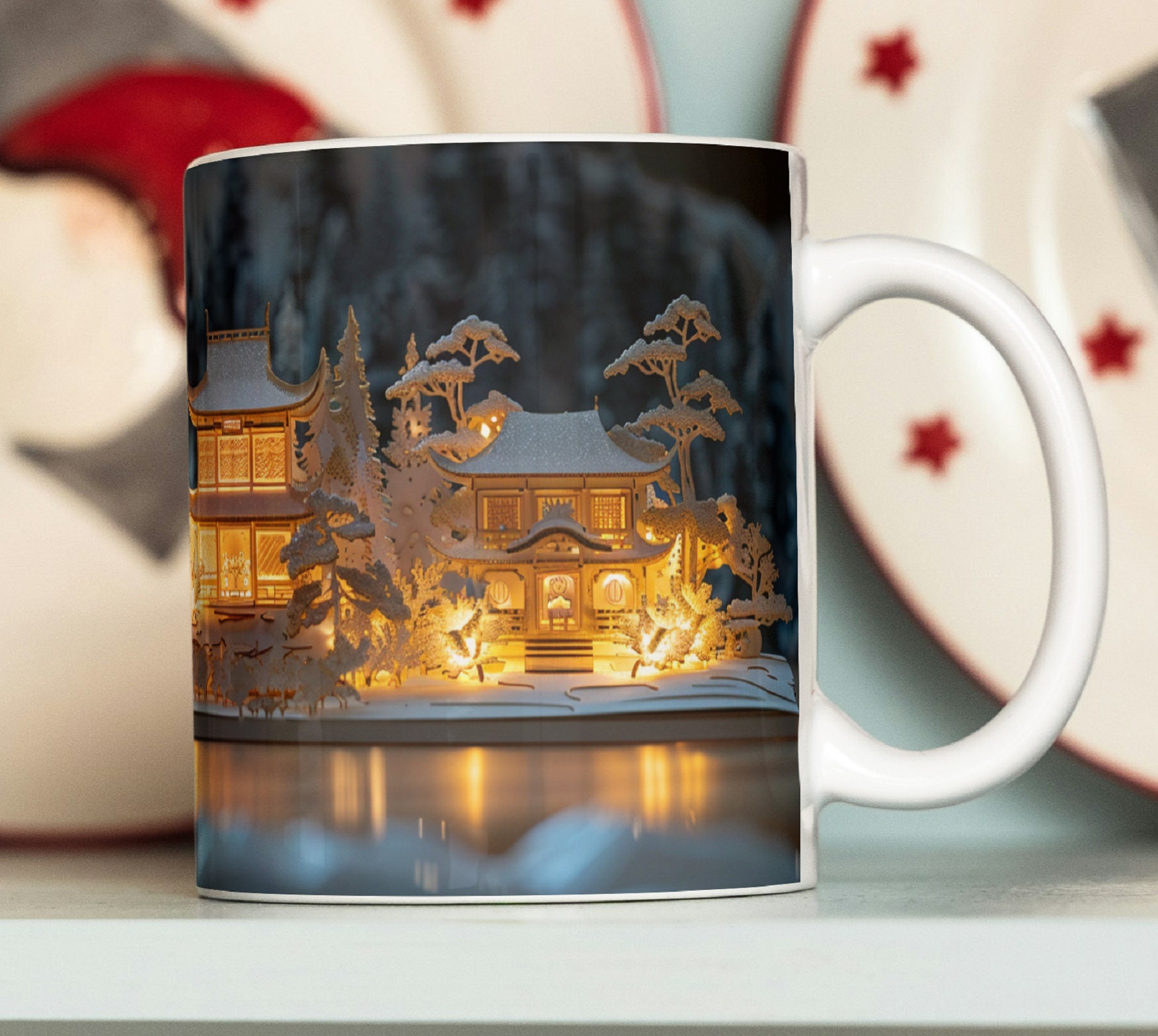 Glowing Landscape Mug Sublimation Design, Japanese House Mug Wrap, 11oz ...
