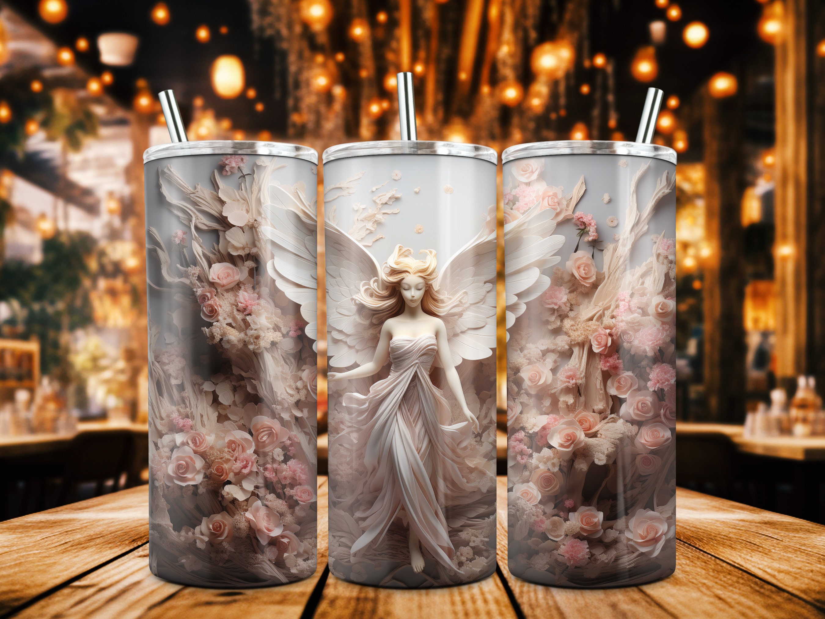 3D Angel Tumbler Wrap, Angel With Florals 20 Oz Skinny Tumbler ...