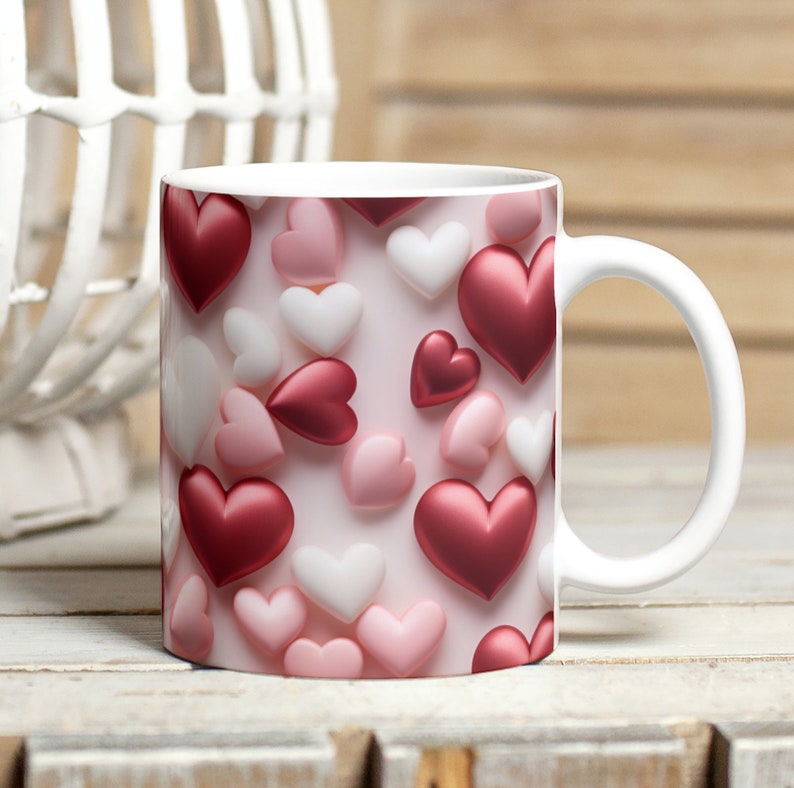 3D Red and Pink Hearts Mug Wrap, 3D Valentine Day Mug Sublimation ...