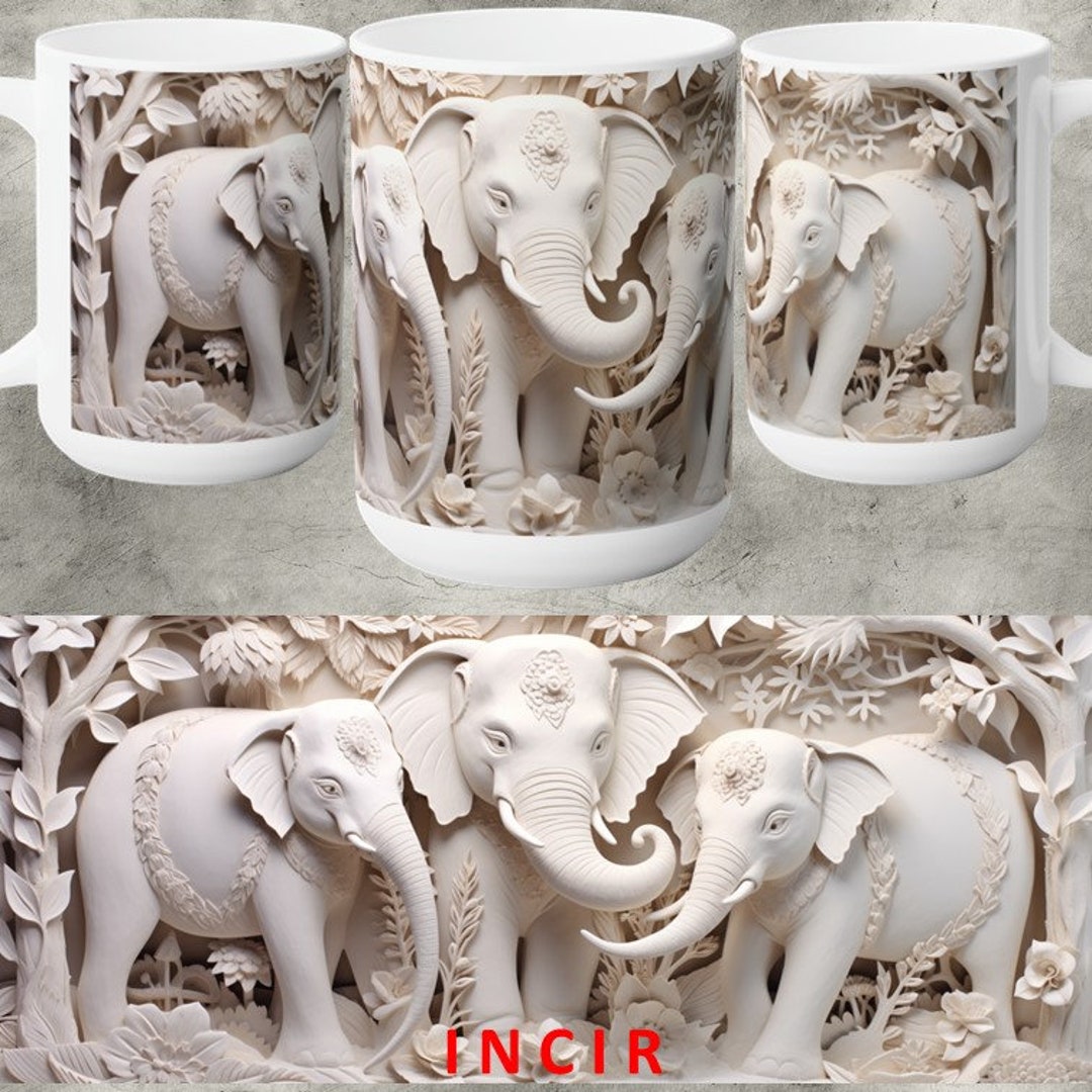 3D White Elephant Mug Wrap, 11oz and 15oz Mug Template, Elephant Family ...
