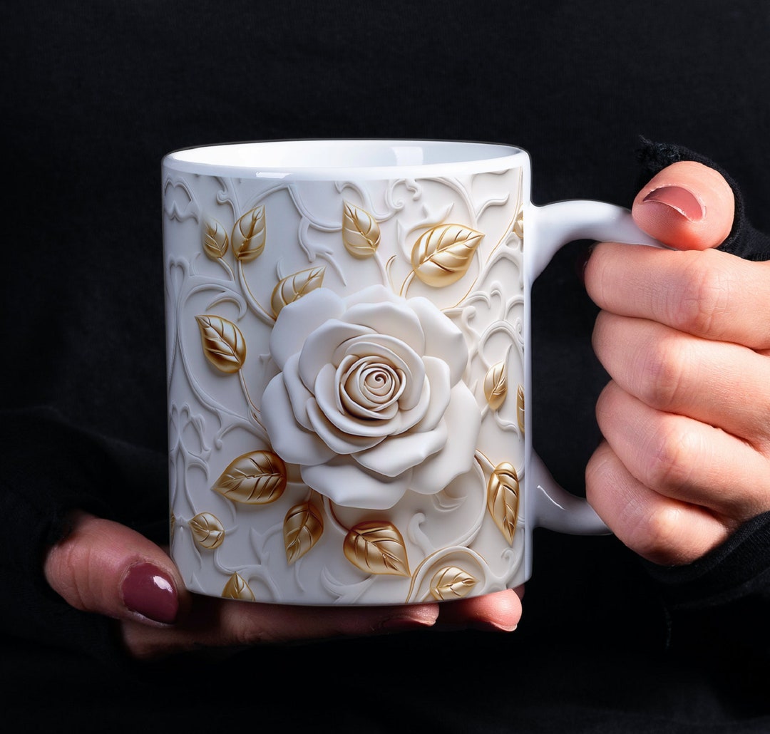 3D White and Gold Rose Mug Sublimation Design, 3D Embossed Floral 11oz ...