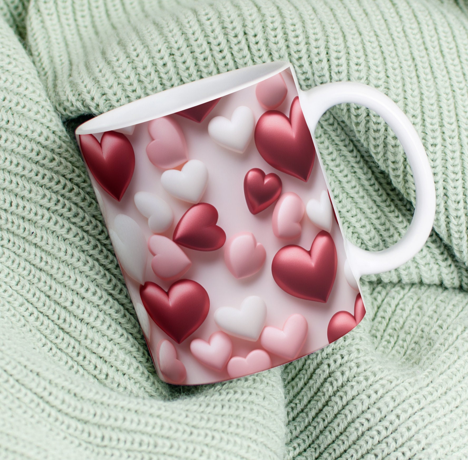 3D Red and Pink Hearts Mug Wrap, 3D Valentine Day Mug Sublimation ...