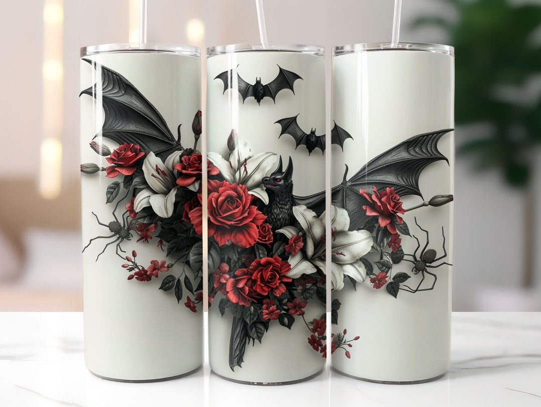Floral Bats Tumbler Wrap, Bats & Roses 20oz Skinny Tumbler Sublimation ...