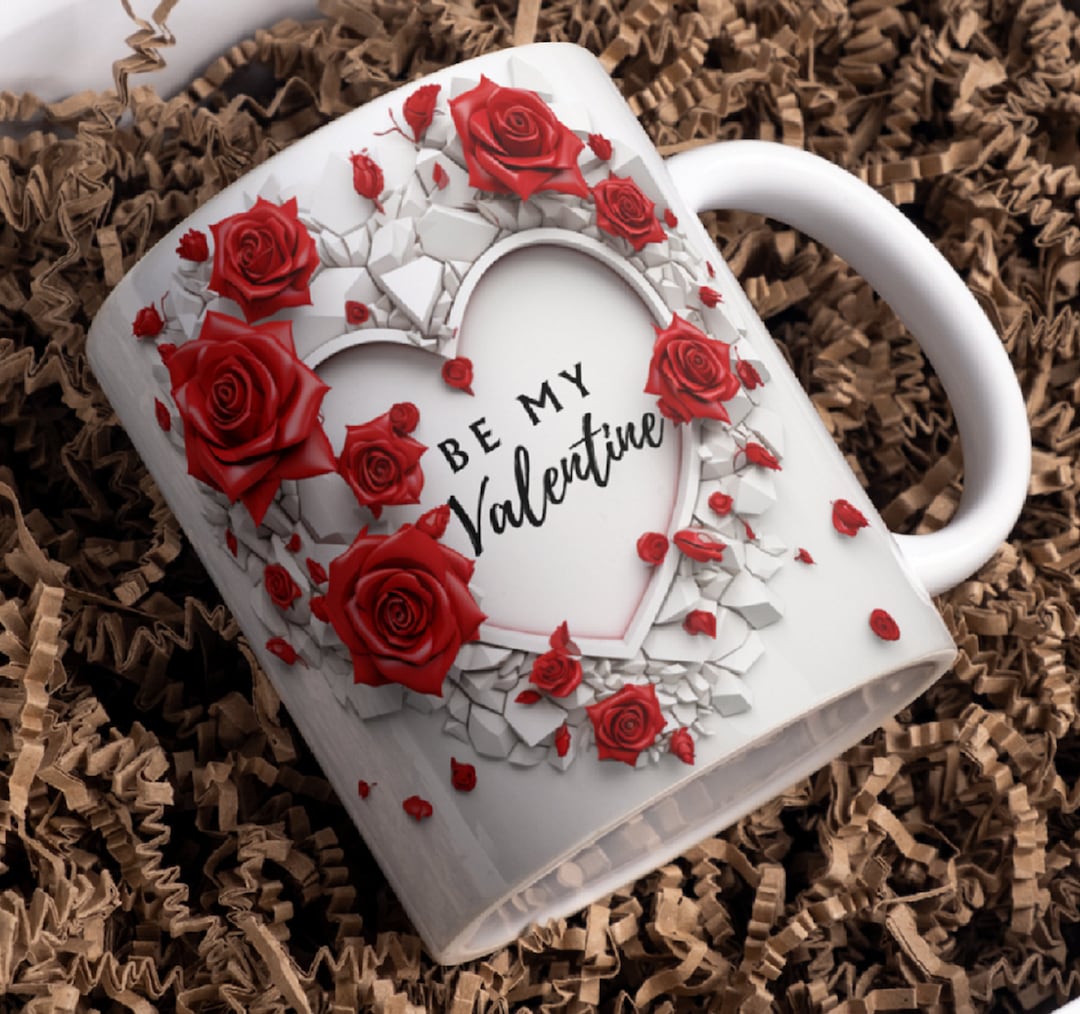 Be My Valentine Mug Wrap, 3D Heart and Red Roses Valentine Day Mug ...