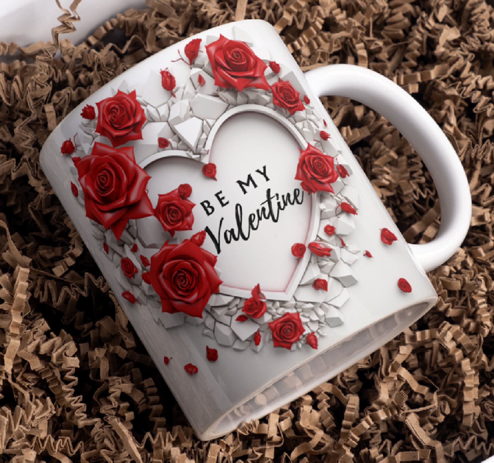 Be My Valentine Mug Wrap, 3D Heart and Red Roses Valentine Day Mug ...