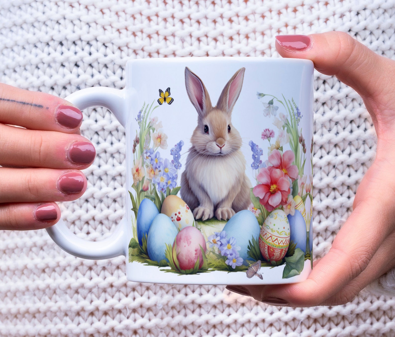 Watercolor Easter Mug Wrap, 11oz & 15oz Bunny Rabbit With Easter Eggs ...