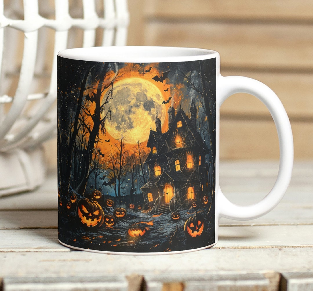 Haunted House Mug Wrap, Spooky Halloween Night 11oz & 15oz Mug ...